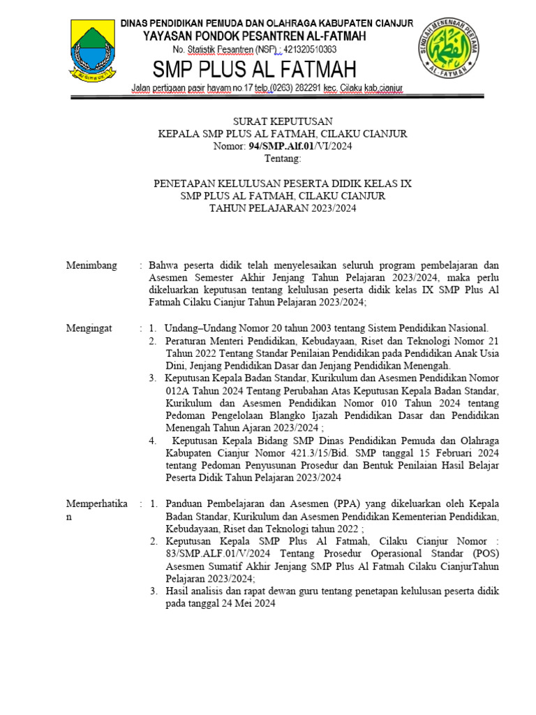 SK Penetapan Kelulusan SMP 2023-2024 | PDF