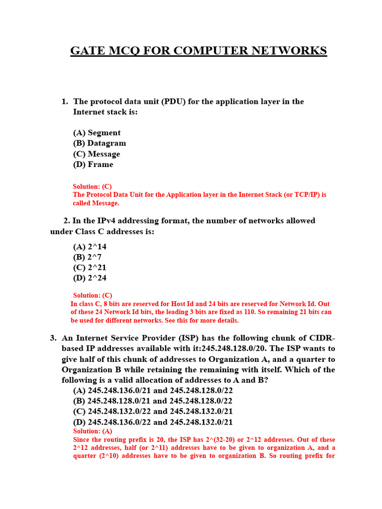 CN GATE MCQ WITH ANSWER | PDF | Internet Protocols | Transmission Control Protocol
