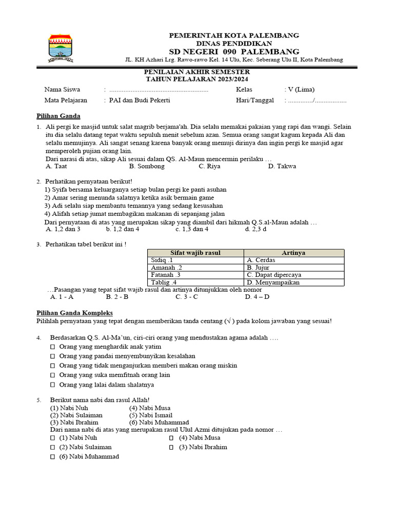 Naskah Soal PAI Kls 5 | PDF