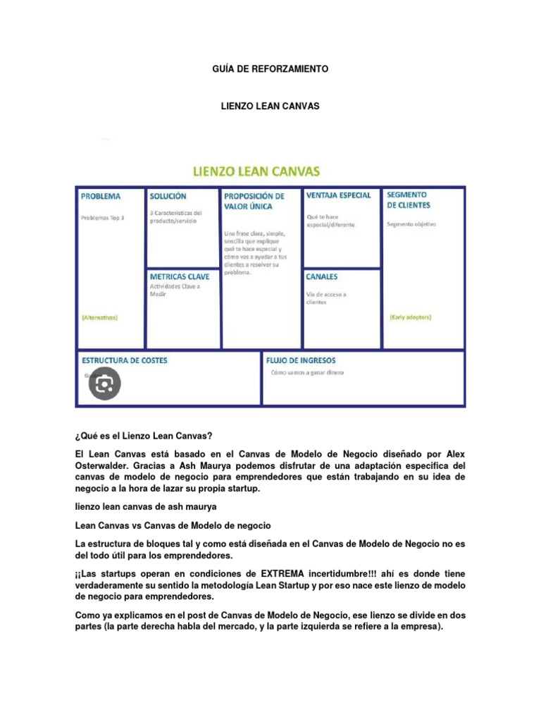 Guia de Reforzamiento Lean Canvas | PDF | Empresa de inicio | Pequeñas empresas y emprendedores