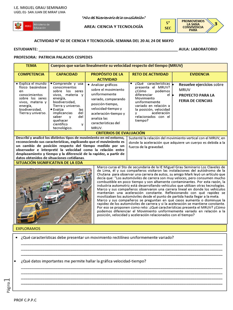 5° SEC. EDA 3 SEMANA 2 Explica CYT 2024 Cuerpos Que Varían Linealmente Su Velocidad Respecto Del ...