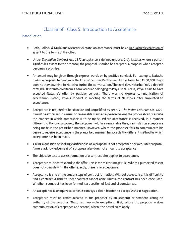 Class Brief (Class 5) - LOC - I | PDF | Offer And Acceptance | Civil ...