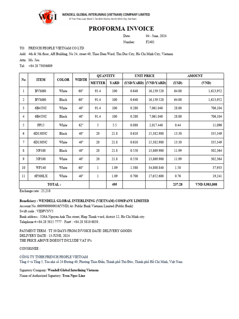 Proforma Invoice: No Item Color Width Quantity Unit Price Amount | PDF ...