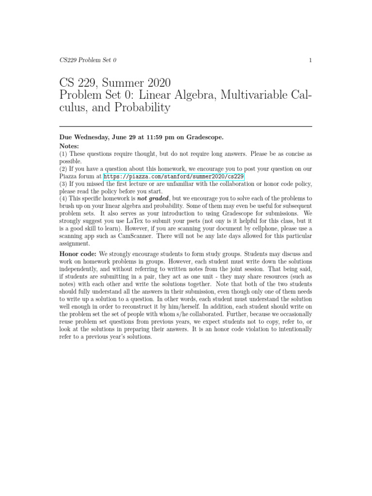 CS229 Problem Set 0: Math Fundamentals | PDF | Eigenvalues And ...