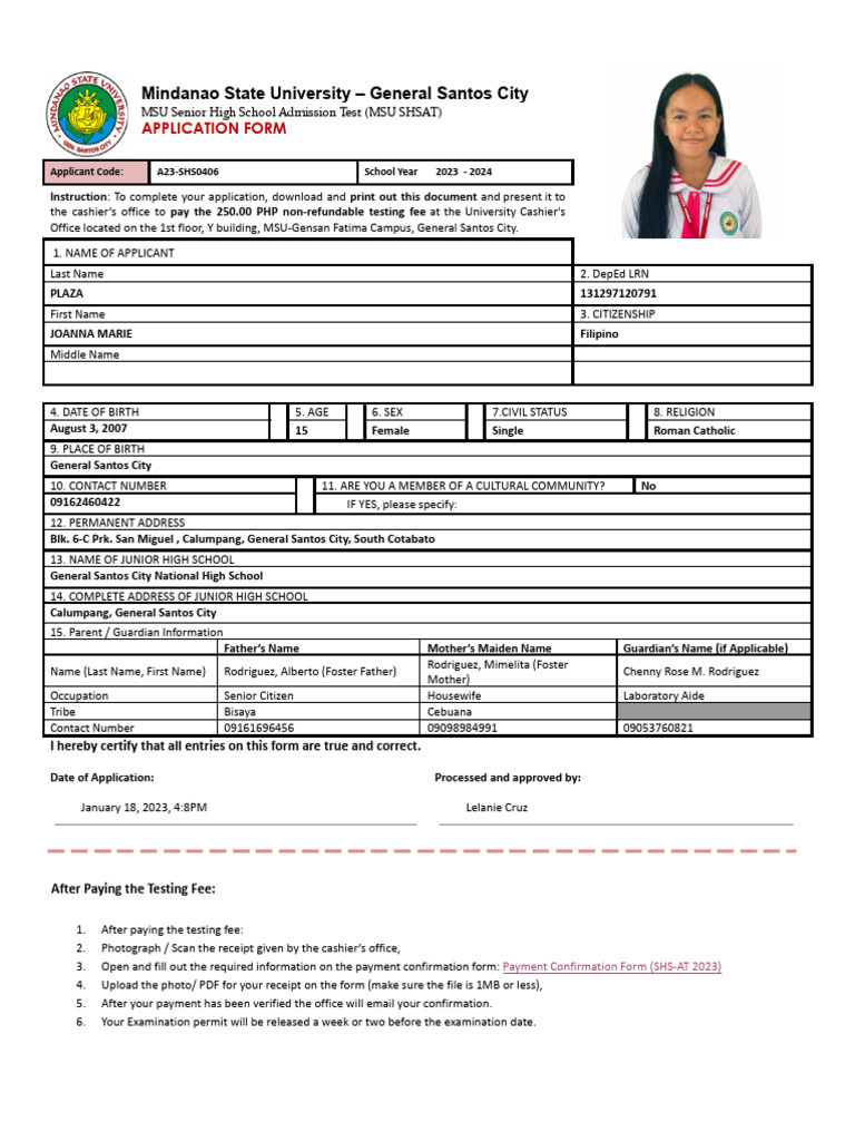 Shs-At 2023 Application Form - Plaza, Joanna Marie (a23-Shs0406) | PDF