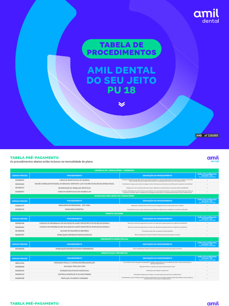 Amil Dental Do Seu Jeito - Tabela Pós Venda | PDF | Cirurgia oral e maxilofacial | Odontologia