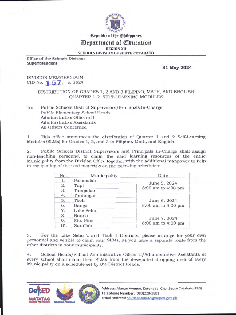 DM CID No. 157 S. 2024 DISTRIBUTION OF GRADE 1 2 AND 3 FILIPINO MATH ...