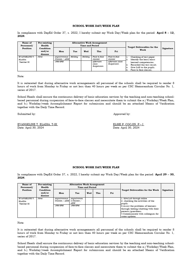 School Work Day/Week Plan | PDF