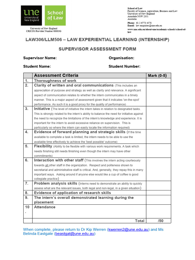 Law306 - Llm506 Supervisor Assessment Form Internship | PDF ...