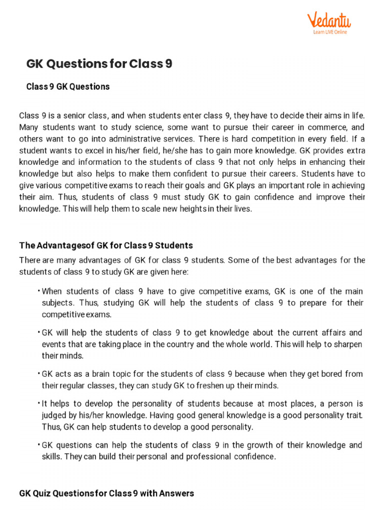 GK Questions For Class 9 | PDF