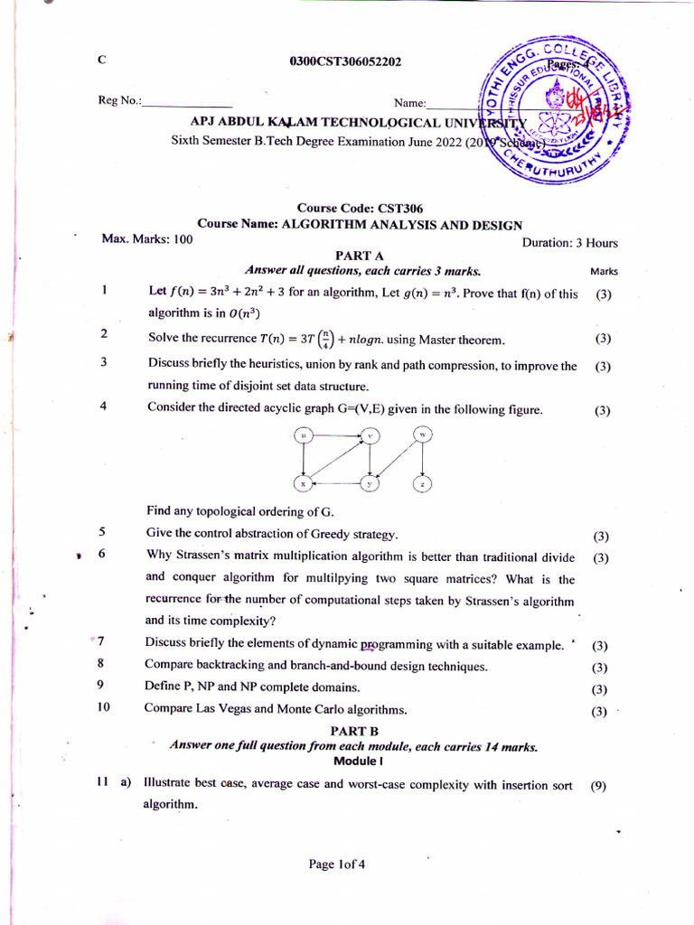 Algorithm Analysis and Design Exam 2022 | PDF | Algorithms And Data ...