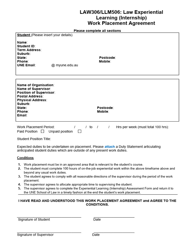 Law Internship Work Placement Agreement | PDF | Career & Growth