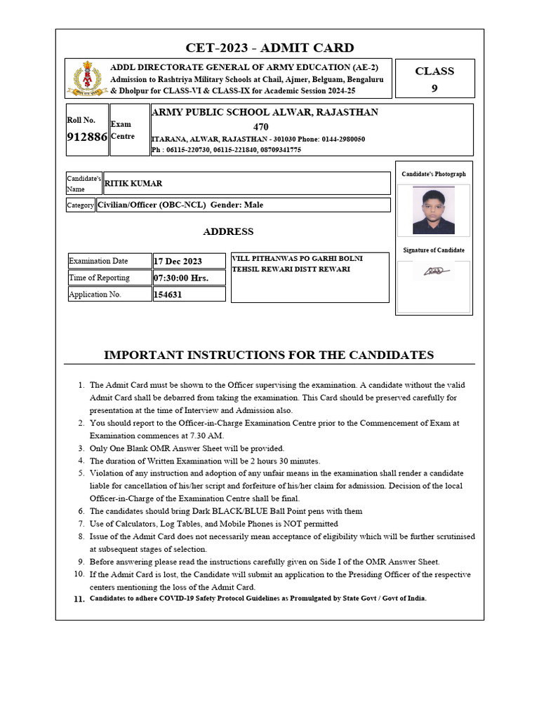 Admit Card - RITIK KUMAR - 912886 | PDF Admit Card - RITIK KUMAR - 912886 | PDF