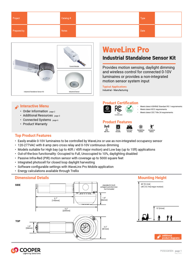Wavelinx Ind Standalone Sensor SWPD Kit Spec May 2022 | PDF | Lighting ...