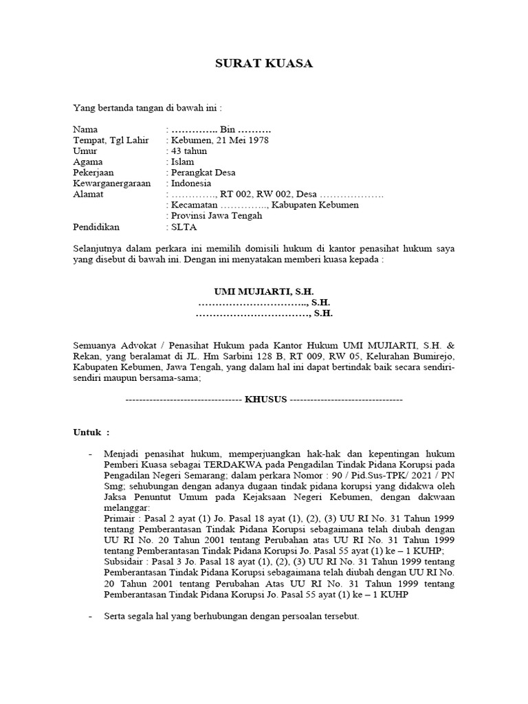 Contoh Surat Kuasa Pidana | PDF