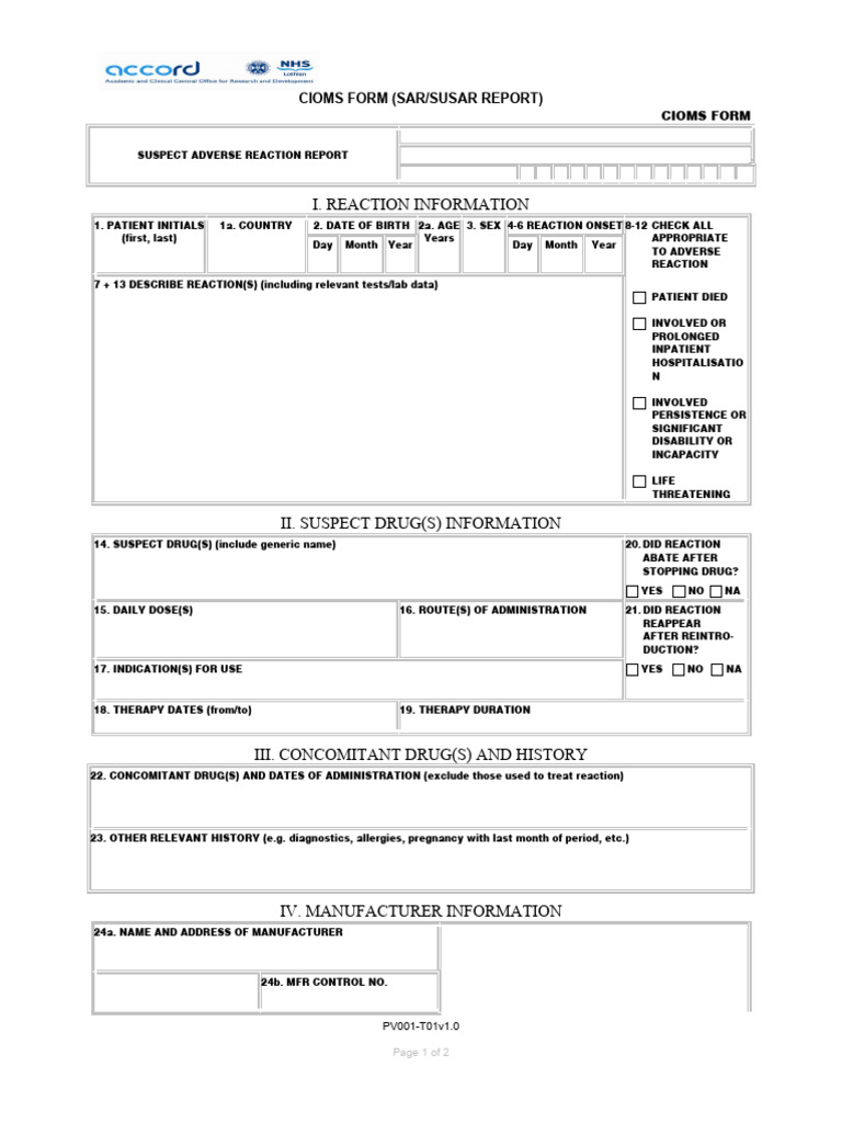 PV001-T01 CIOMS Form SAR SUSAR Report v1.0_0 | Download Free PDF ...