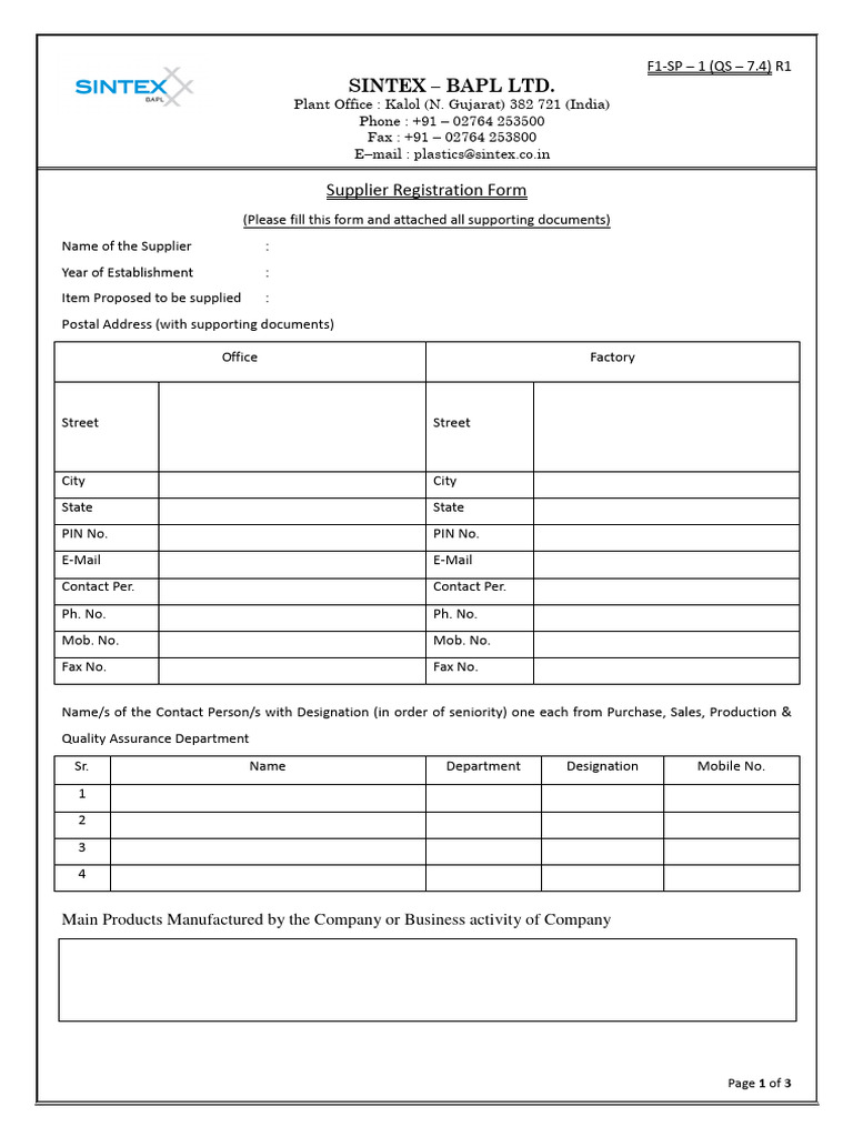Supplier Registration Form for Sintex | PDF | Excise | Taxation
