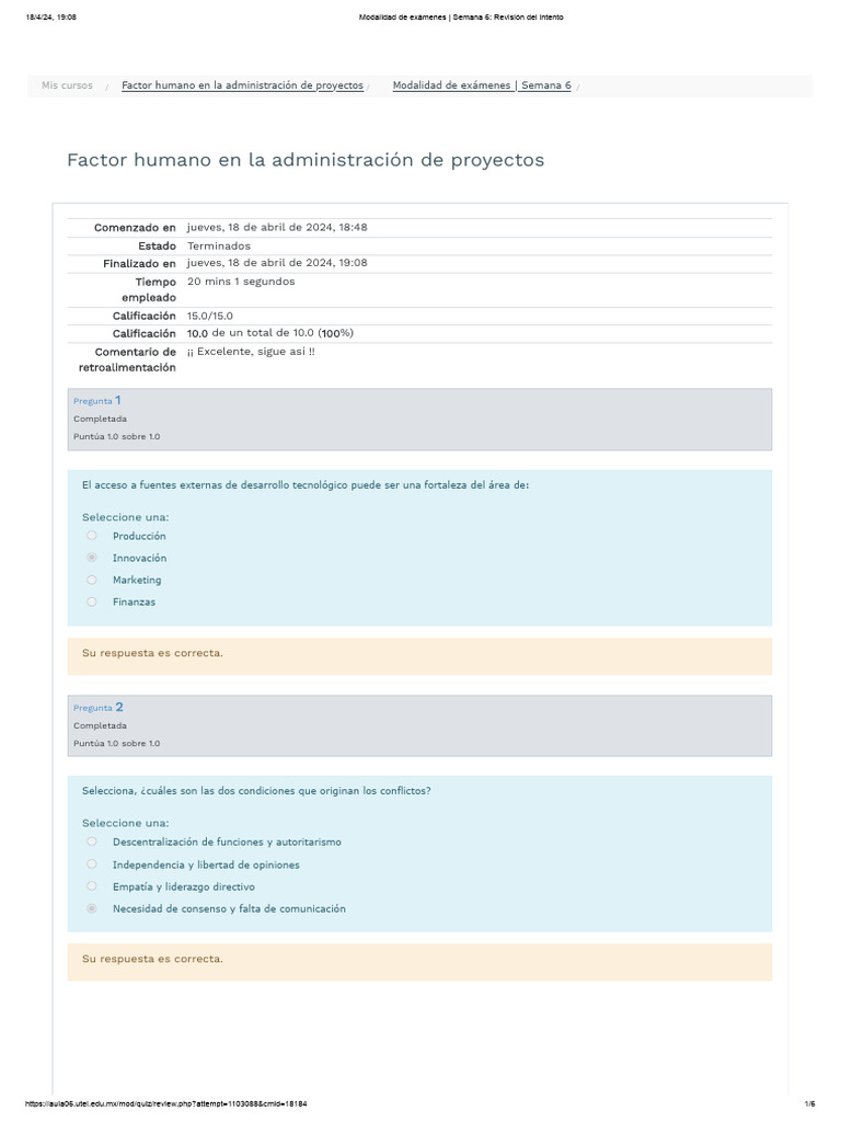 Modalidad de Exámenes - Semana 6 - Factor Humano en La Administración de Proyectos - Revisión ...