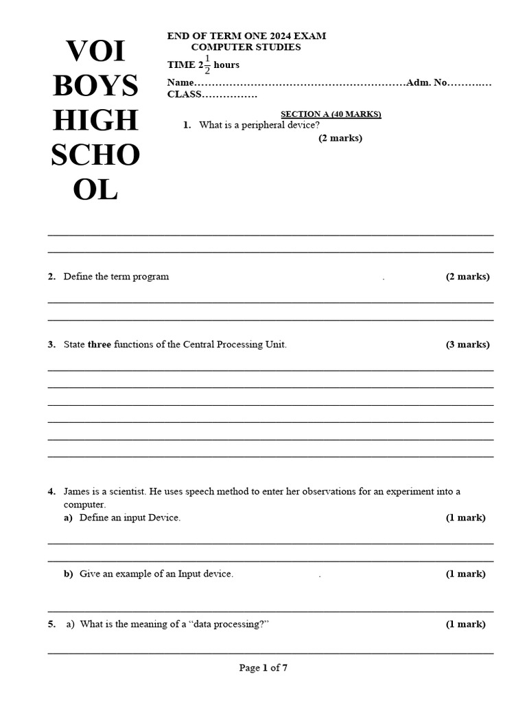 COMP F1 P1 - QP End of Term 1 2024 | PDF | Computer Keyboard | Computing