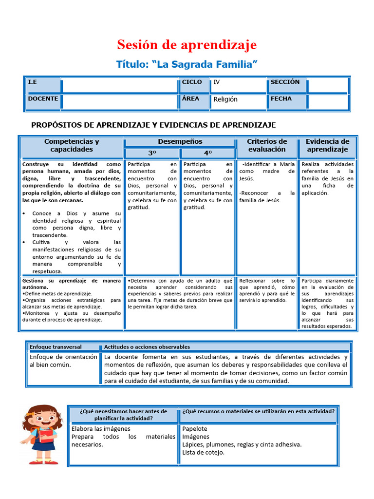 La Sagrada Familia Act. Educ.R 3° | PDF | Aprendizaje | María, madre de ...