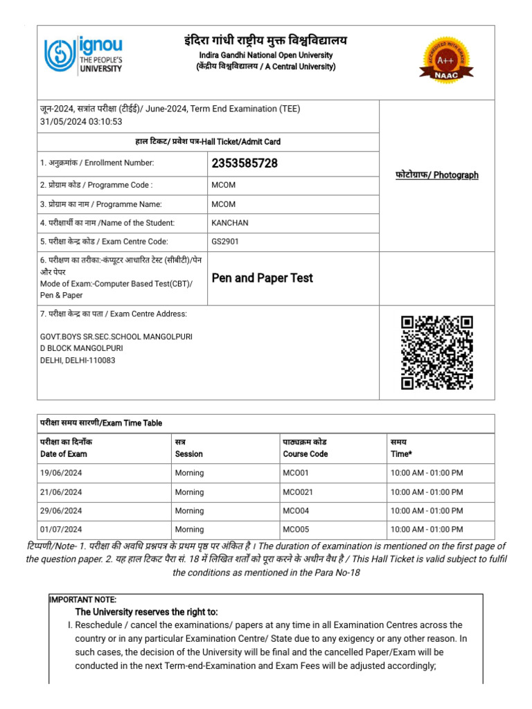 Ignou June-2024_ Hall Ticket_admit Card(2) | PDF