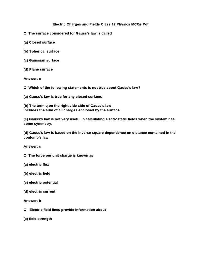 Electric Charges and Fields Class 12 Physics MCQs | Download Free PDF ... Electric Charges and Fields Class 12 Physics MCQs | Download Free PDF ...
