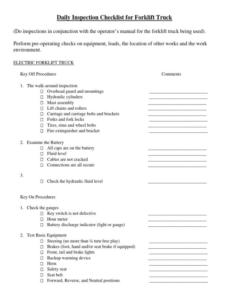 Forklift Truck Daily Inspection Checklist | Download Free PDF ...