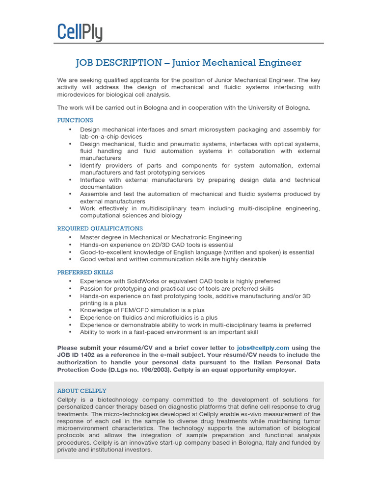 Junior Mechanical Engineer Job Description | PDF | Mechanical ...