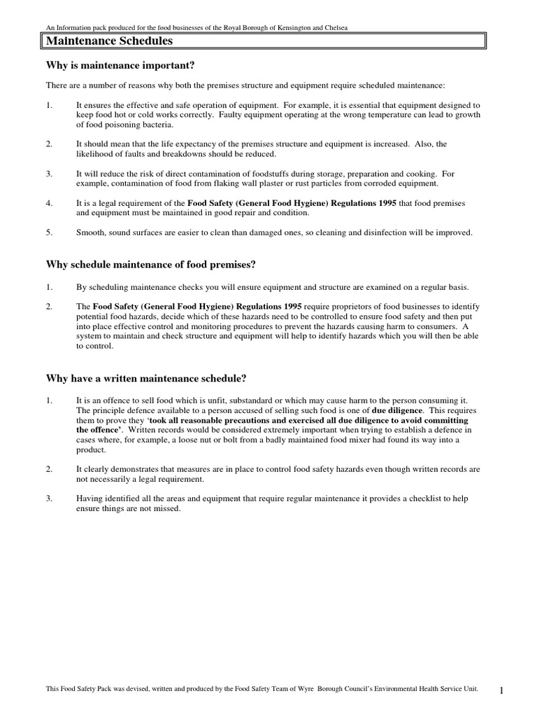 Food Safety Maintenance Schedule Guide | PDF | Food Safety | Hygiene