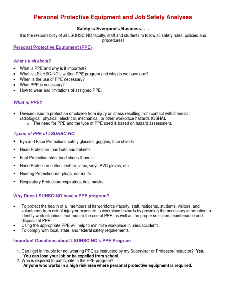 PPE Guidelines and Job Safety Analysis | PDF | Personal Protective ...