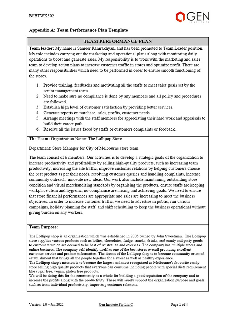 8 - BSBTWK502 Appendix A - Team Performance Plan Template | PDF | Sales | Candy