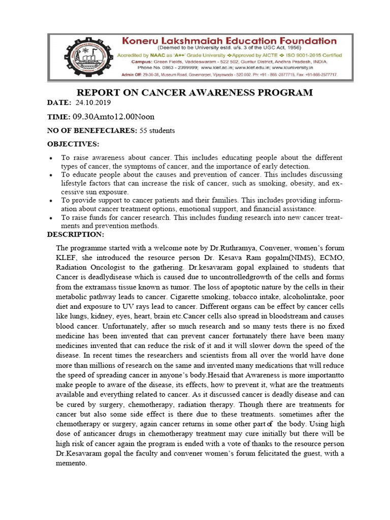 Report On Cancer Awareness Program | PDF | Cancer | Chemotherapy