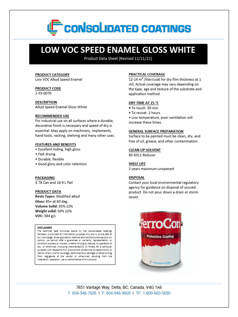 55 0070 Low Voc Speed Enamel Gloss White Pds 2021 1 | PDF | Paint ...
