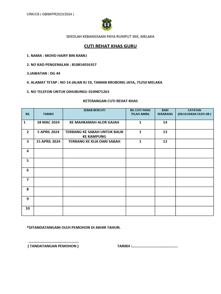 Borang CRK Guru Sekolah Kebangsaan Paya Rummput SKK Terkini | PDF