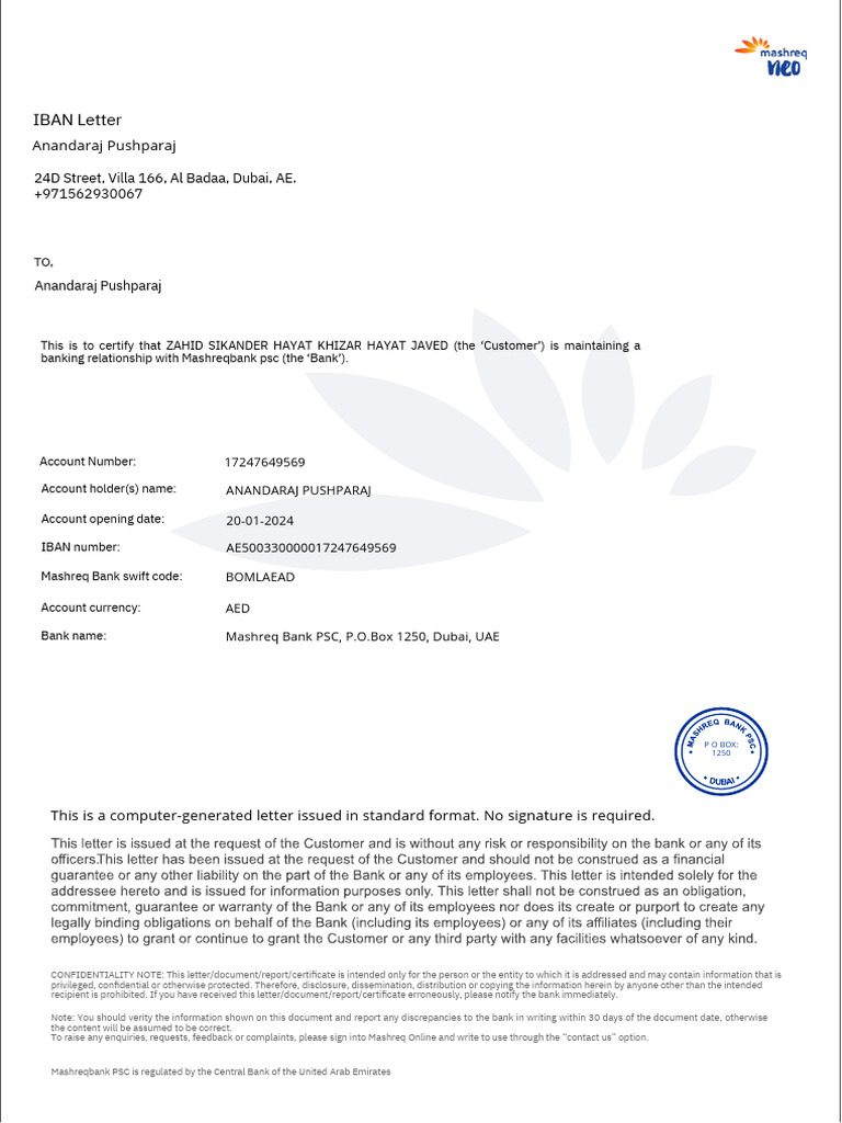 Mashreq Bank IBAN Certificate Sample | PDF