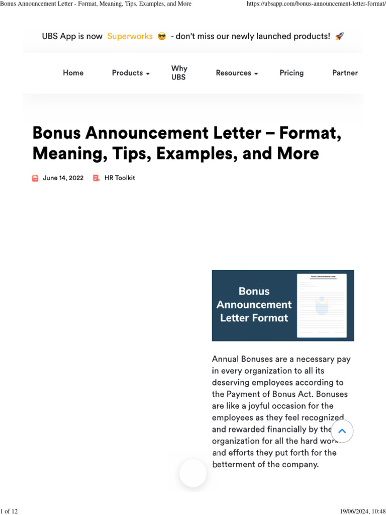 Bonus Announcement Letter - Format, Meaning, Tips, Examples, and More | PDF