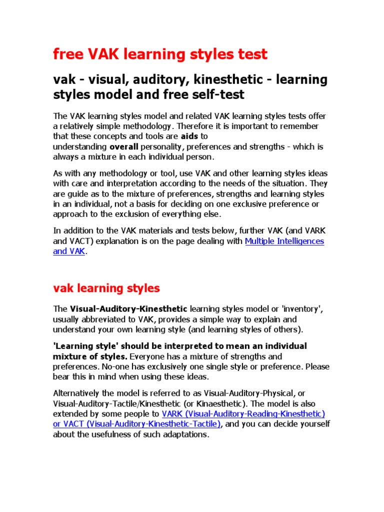 VAK Learning Styles | Learning Styles | Neuropsychology