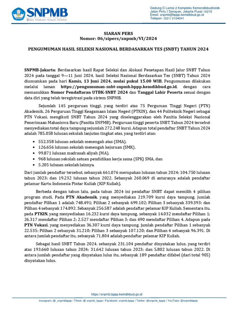 Siaran Pers Hasil Seleksi Jalur SNBT 2024 | PDF