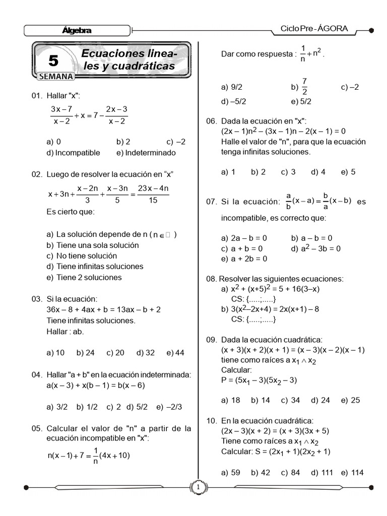 Álgebra - 05 - Ec Lineal y Cuadrática | PDF | Ecuaciones | Matemáticas