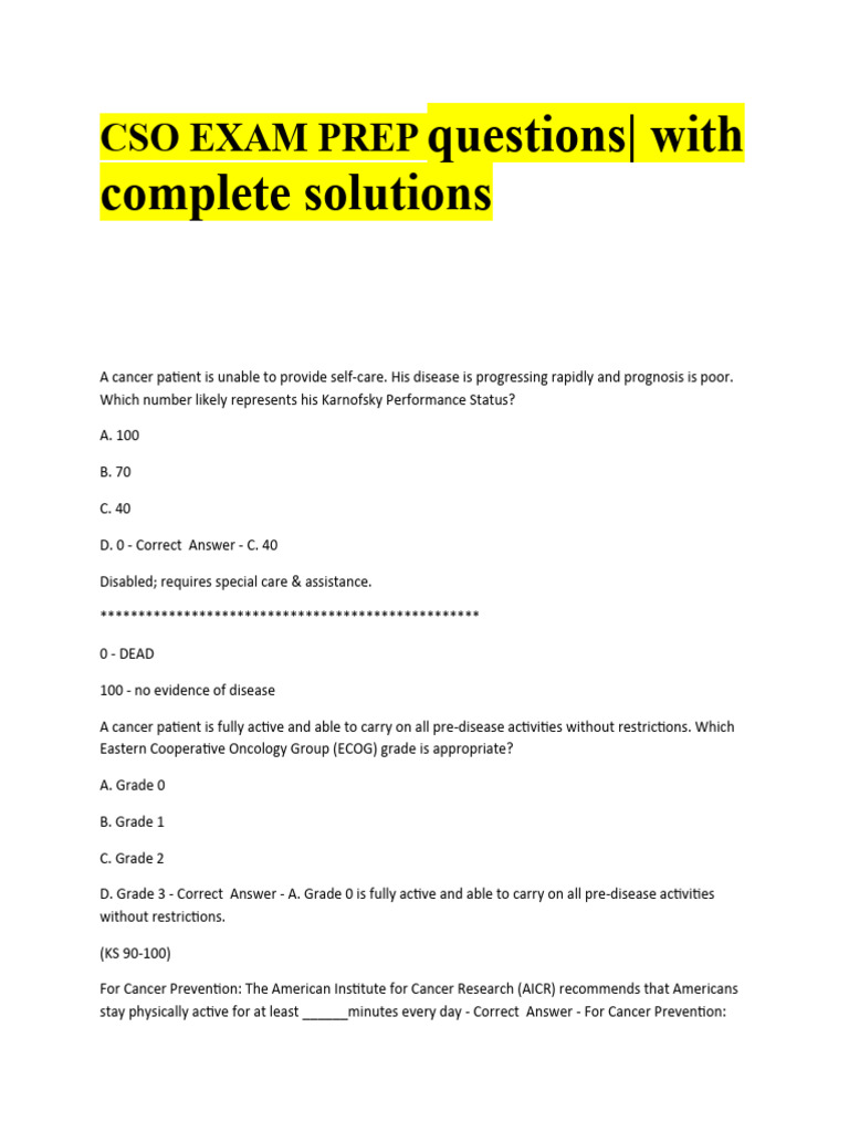 Cso Exam Prep Questions With Complete Solutions Pdf Cancer Chemotherapy 