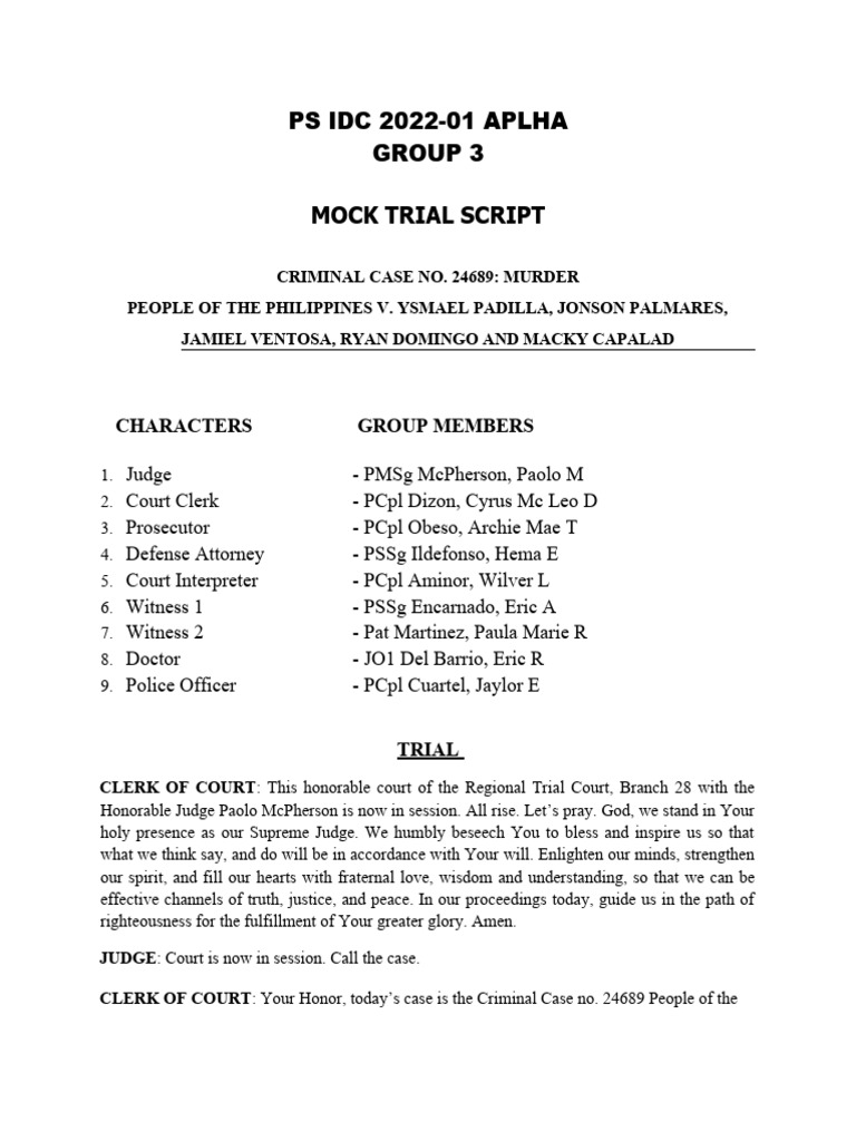 Group 3 Mock Trial Script Murder | PDF | Prosecutor | Evidence (Law)