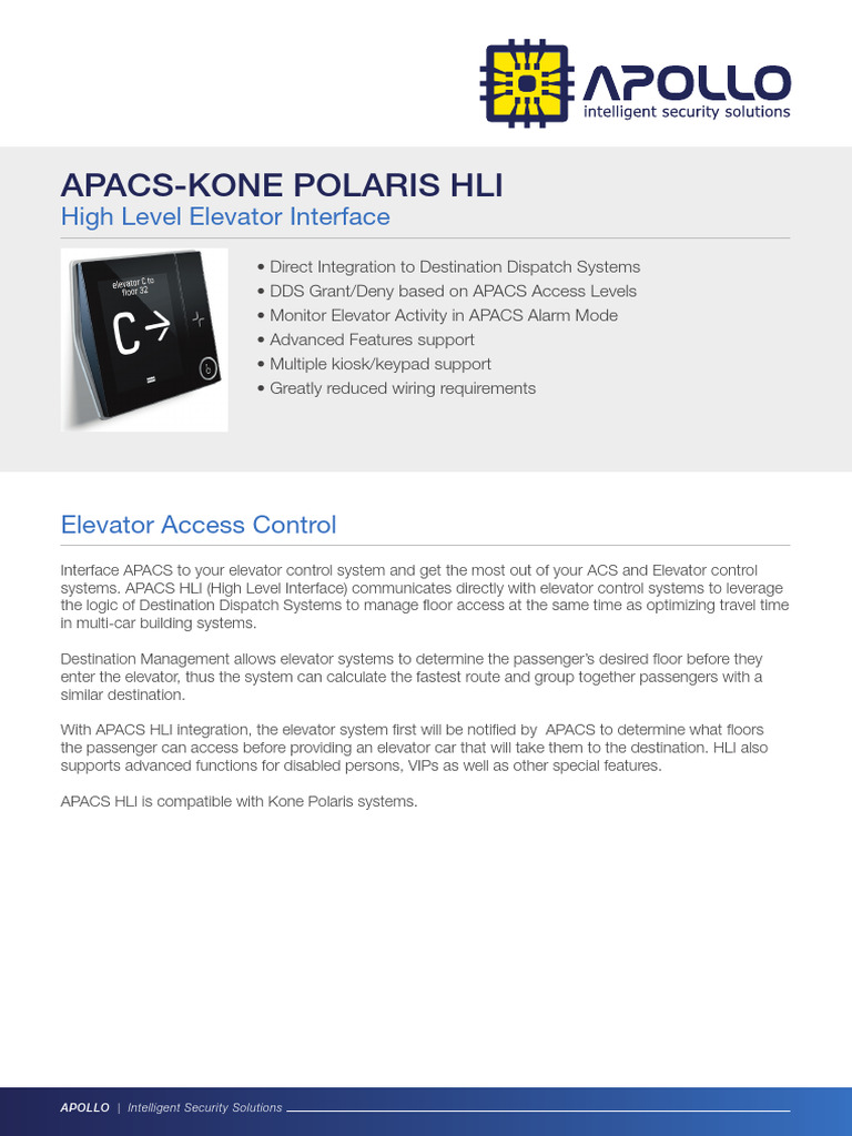 APACS-HLI KONE Datasheet Ver1.1a | PDF | Elevator | Network Interface ...