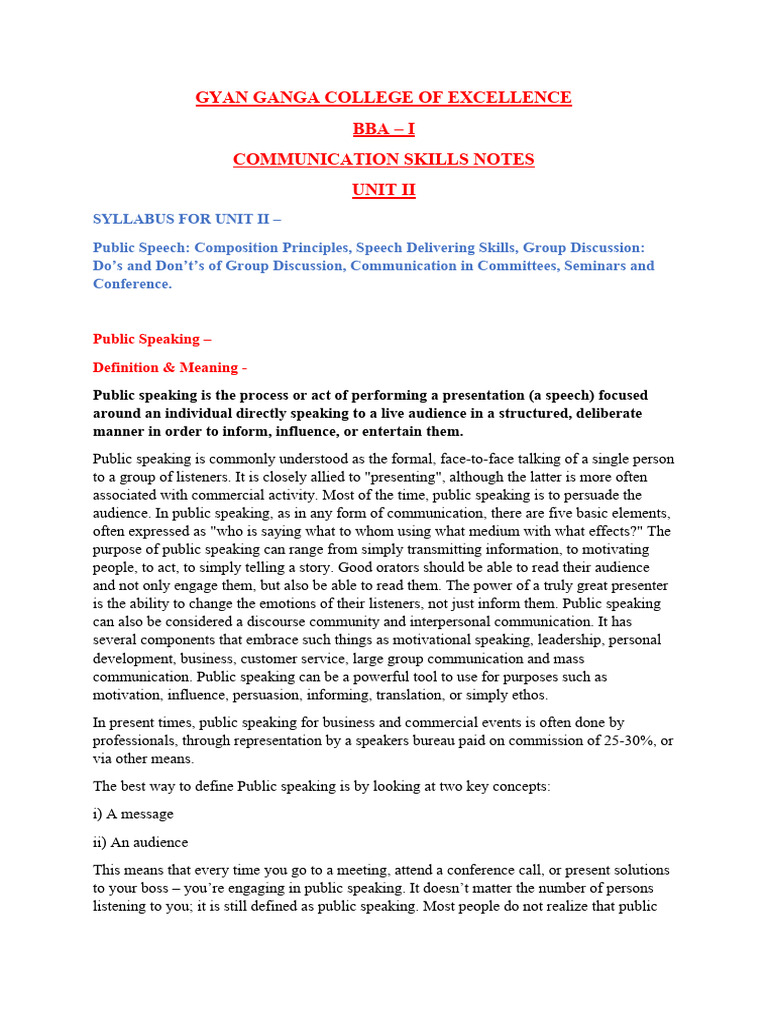 Unit Ii Communication Skills Notes | PDF | Public Speaking | Communication