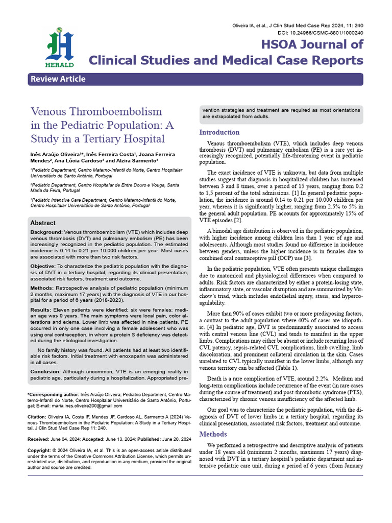 Venous Thromboembolism in The Pediatric Population A Study in A ...