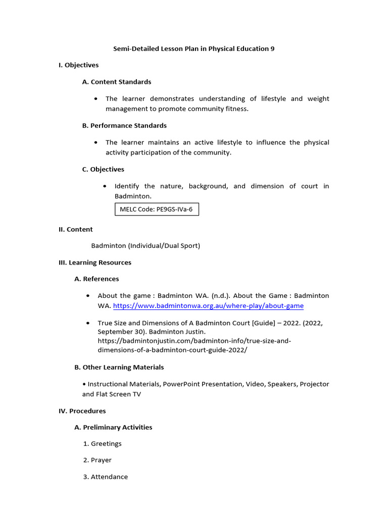 Lesson Plan in PE 9-Badminton - Final | PDF | Cognition | Learning