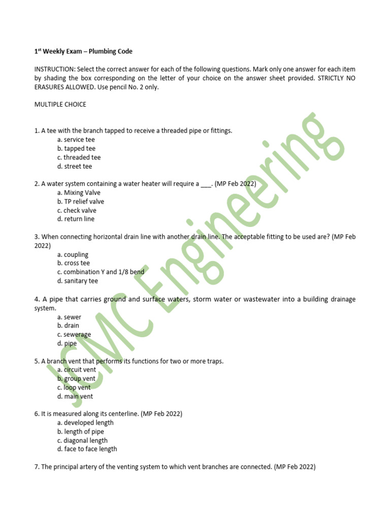 1st Weekly Exam-Plumbing Code | PDF | Plumbing | Pipe (Fluid Conveyance)