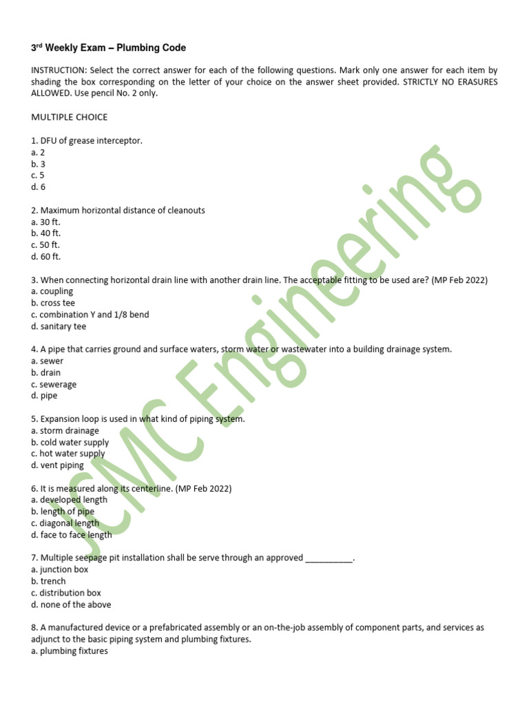 3rd Weekly Exam-Plumbing Code | PDF | Plumbing | Pipe (Fluid Conveyance)
