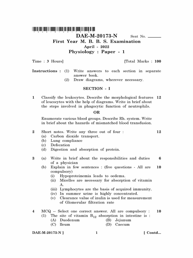 First Year M B B S Examination April 2022 Physiology Paper 1 Pdf