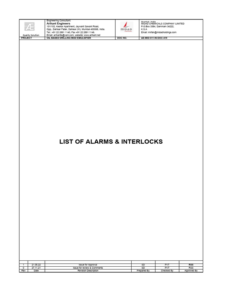 List Of Alarms And Interlocks R1 Pdf Pump Energy Technology