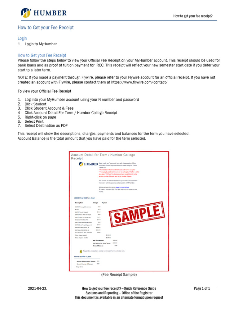 Retrieve Your Humber Fee Receipt Online | PDF | Finance & Money Management